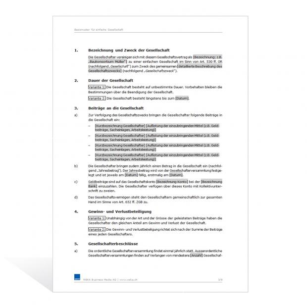 Muster Gesellschaftsvertrag (Einfache Gesellschaft)
