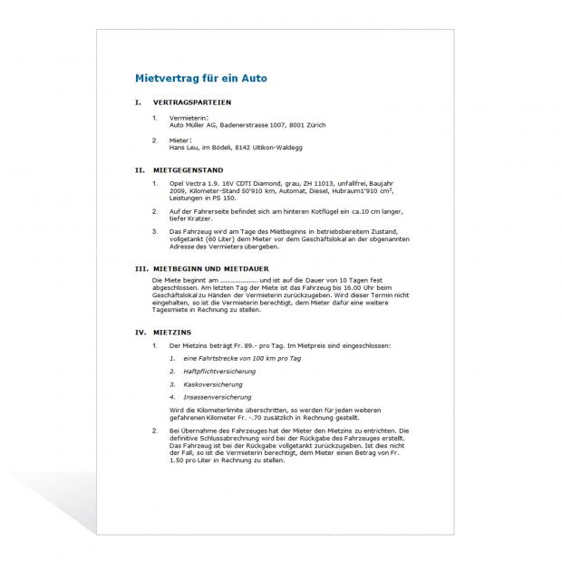 Muster Mietvertrag Auto