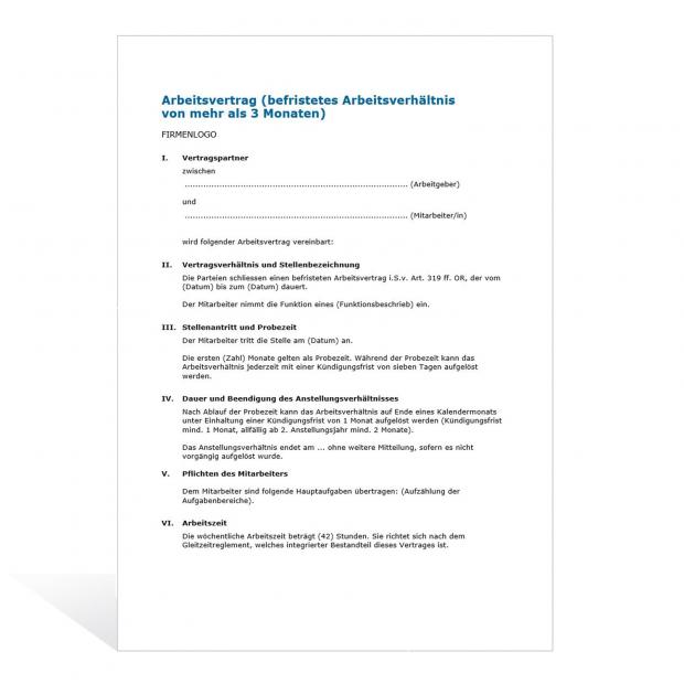 Muster Befristeter Arbeitsvertrag