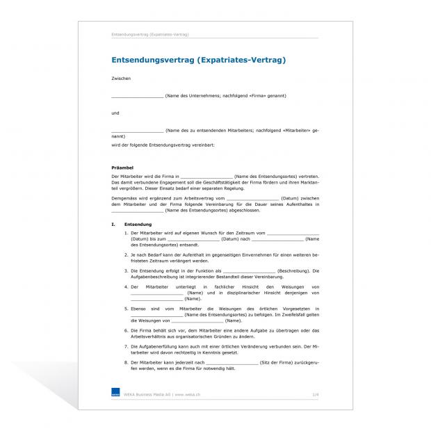 Muster Entsendungsvertrag in das Ausland