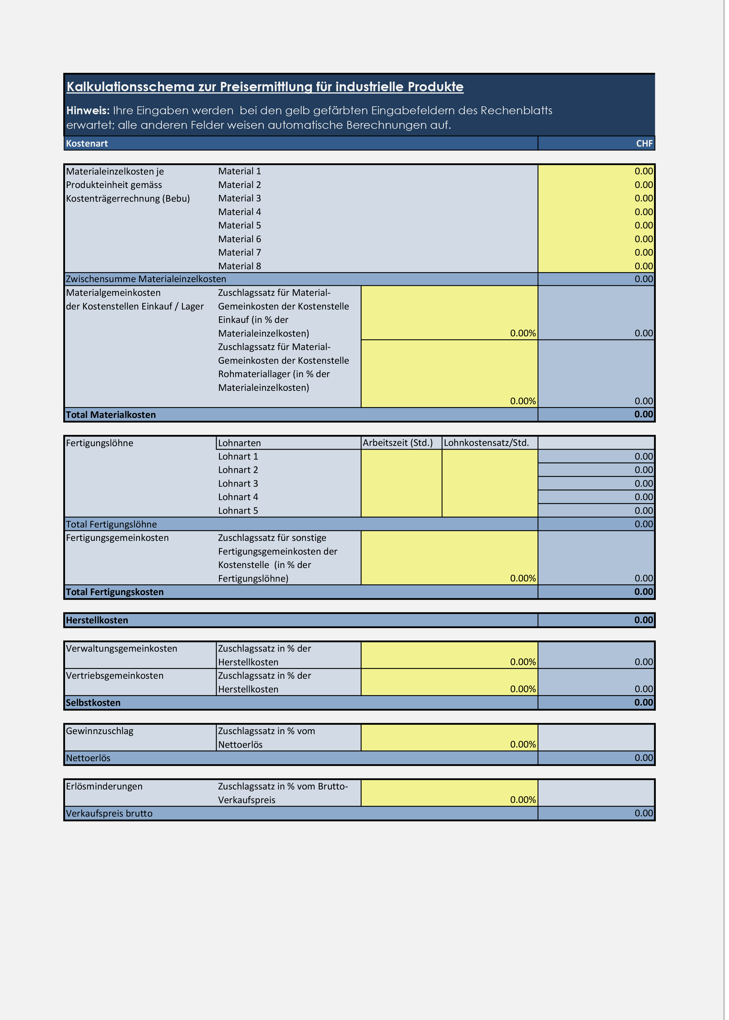 Kalkulationsschema zur Preisermittlung für industrielle Produkte